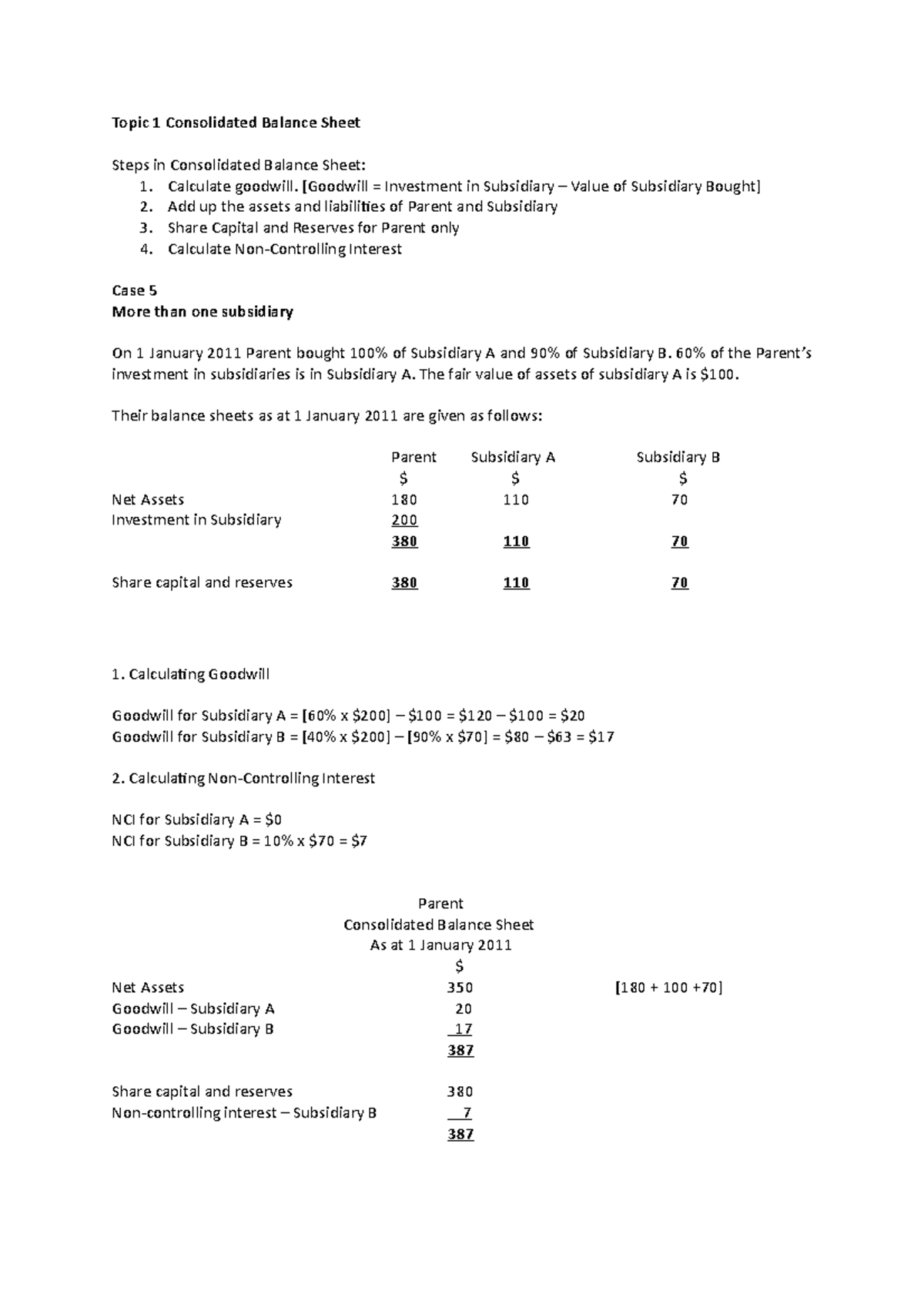 Topic 1 Consolidated Balance Sheets - Additional Example - Topic 1 ...