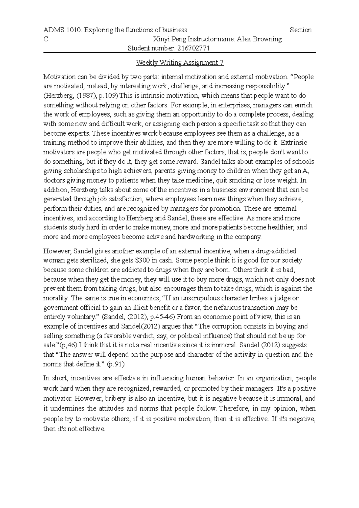 Weekly Writing Assignment 7 - ADMS 1010. Exploring the functions of business Section C Xinyi ...