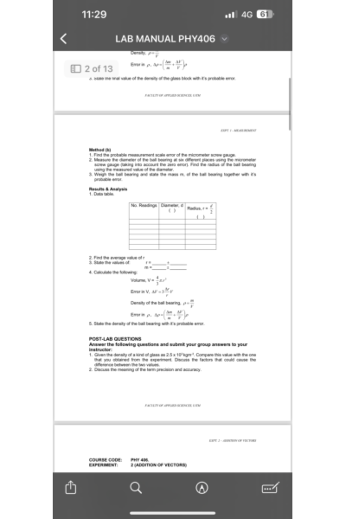 Photo 2 - phy - 11:29 4G 61 LAB MANUAL PHY406 Density, Error : 2 of 13 in P, Ap Am Am m AV AV V ...