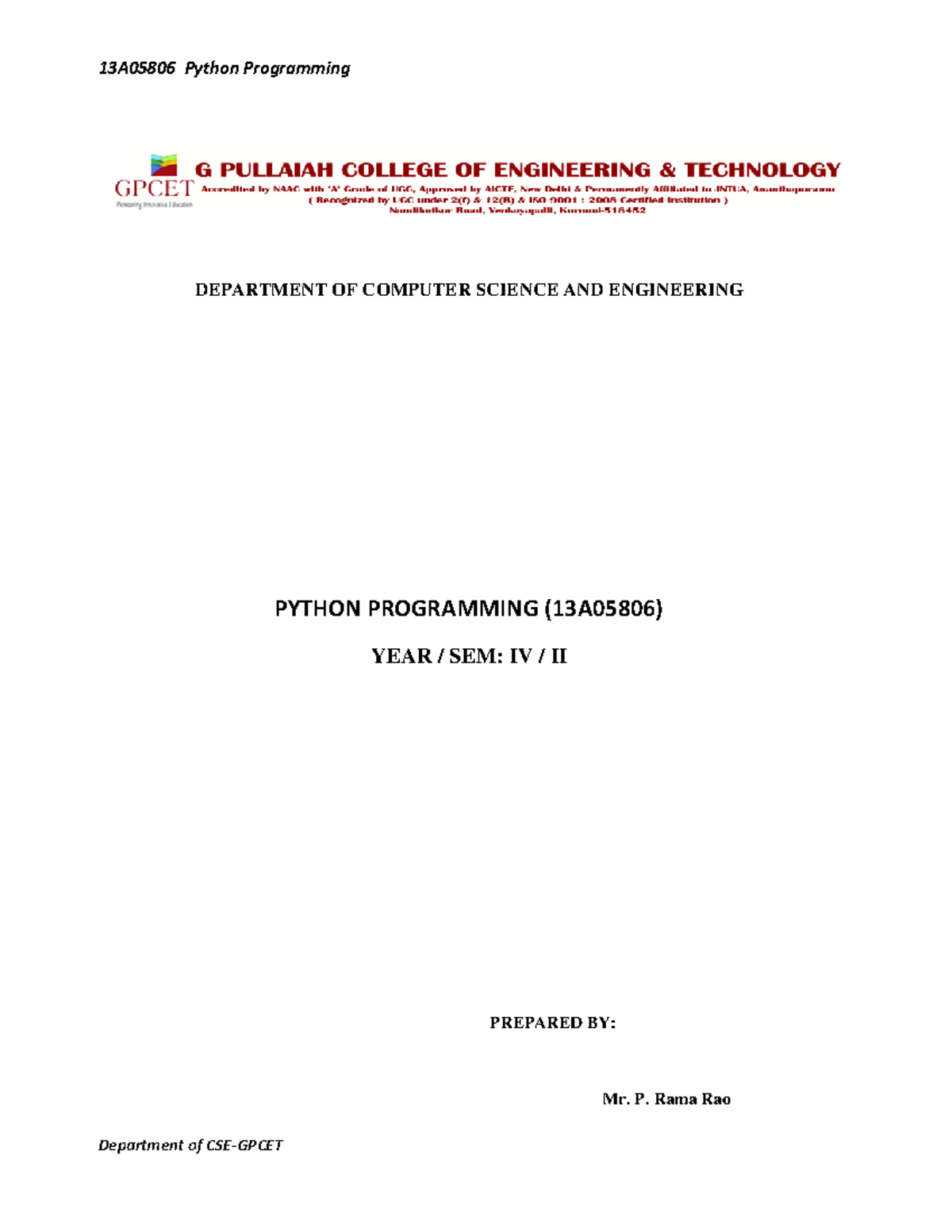 Python-lecture-notes-I-Units. - DEPARTMENT OF COMPUTER SCIENCE AND ...
