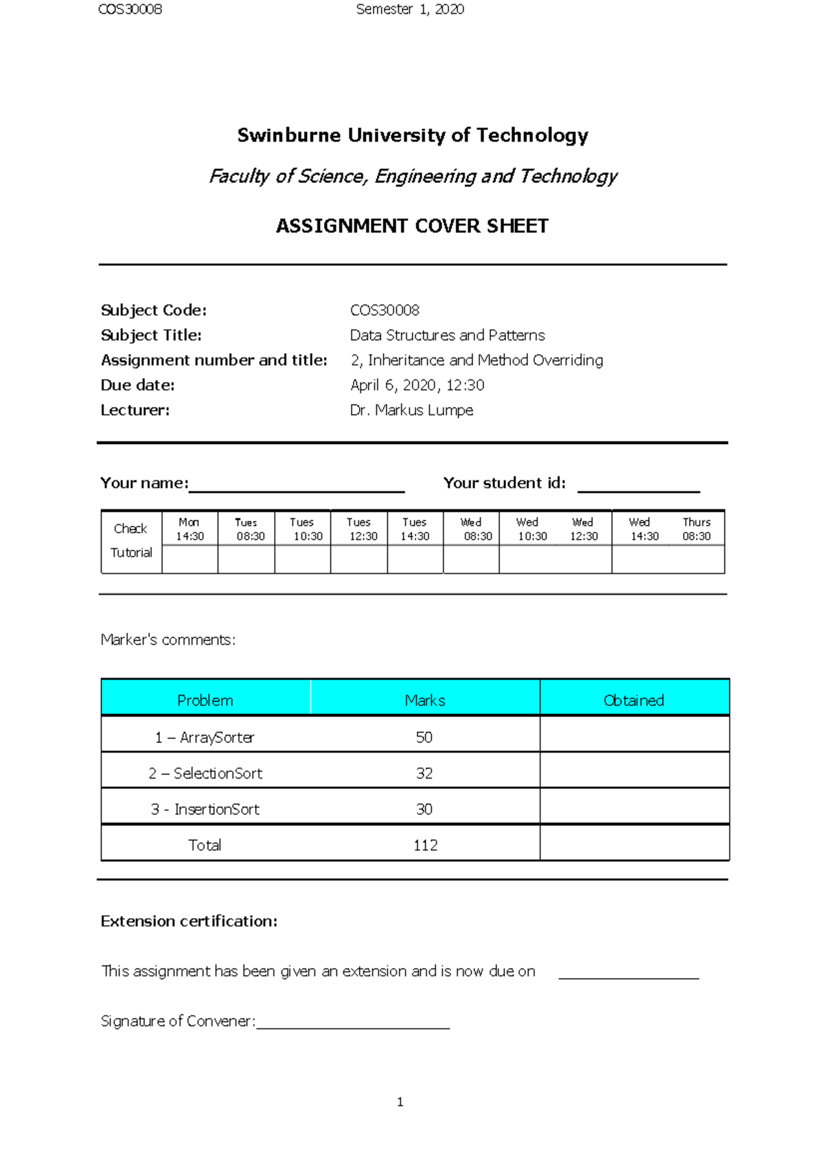 Problem Set 2(Sorting)copy - Warning: TT: undefined function: 32 Swinburne University of ...
