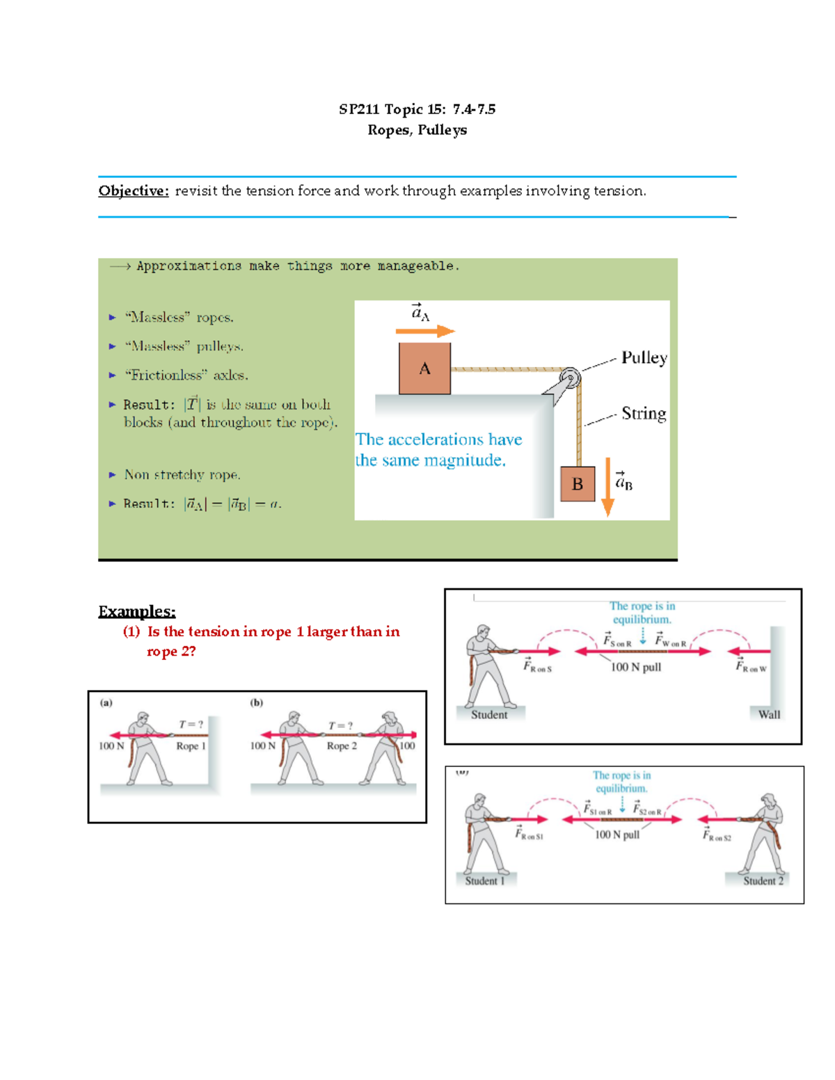 Topic 15worksheet - SP211 Topic 15: 7-7. Ropes, Pulleys - Studocu