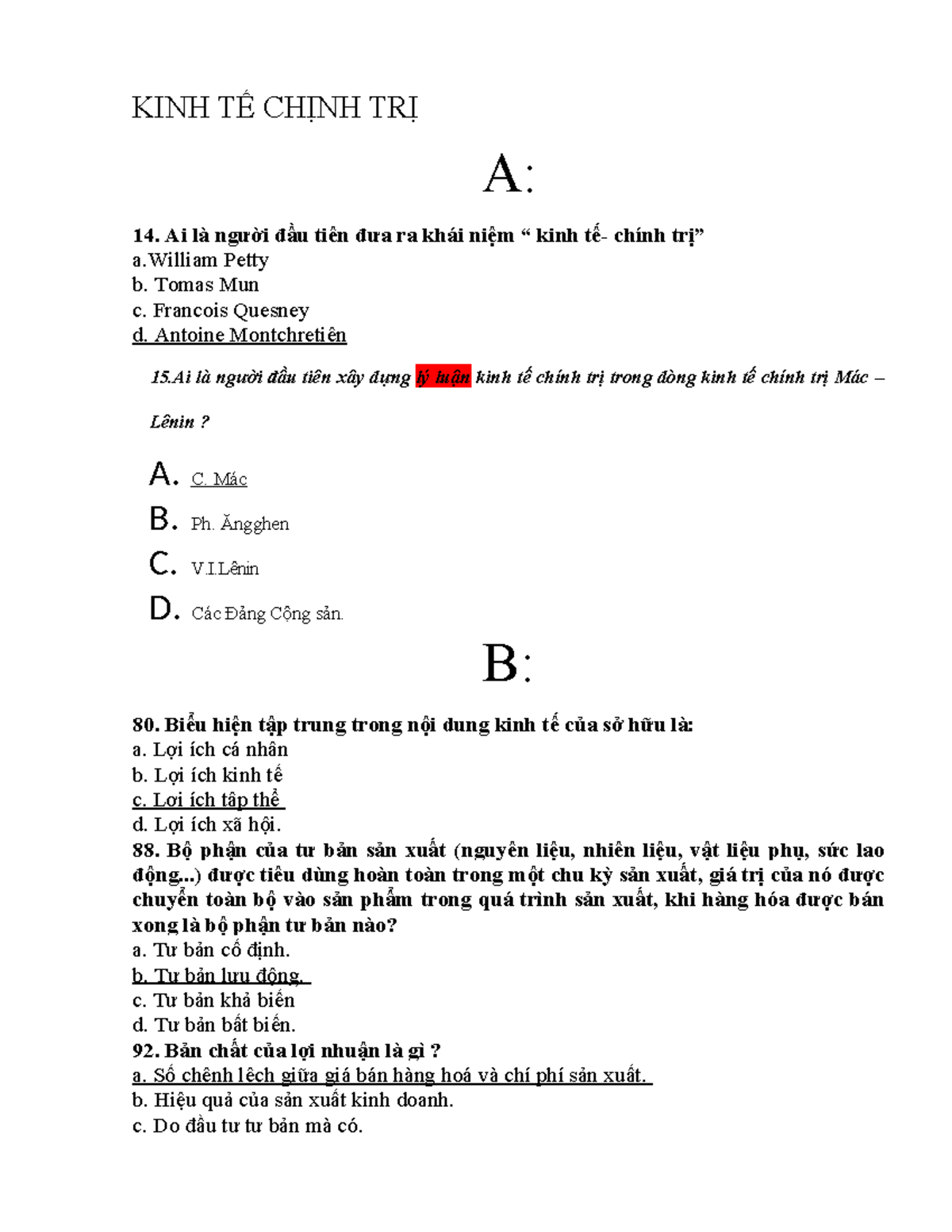 Thành CÔNG 2 - ktvm-12 - KINH TẾ CHỊNH TRỊ A: Ai là người đầu tiên đưa ...