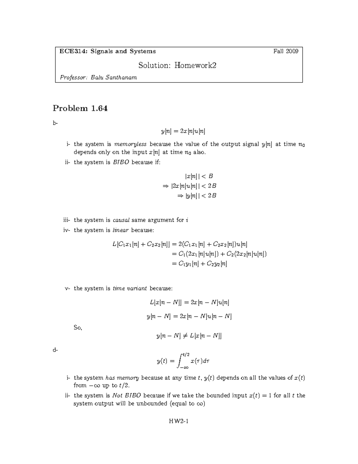 Hw2-09 - Bài tập - ECE314: Signals and Systems Fall 2009 Solution: Homework Professor: Balu ...