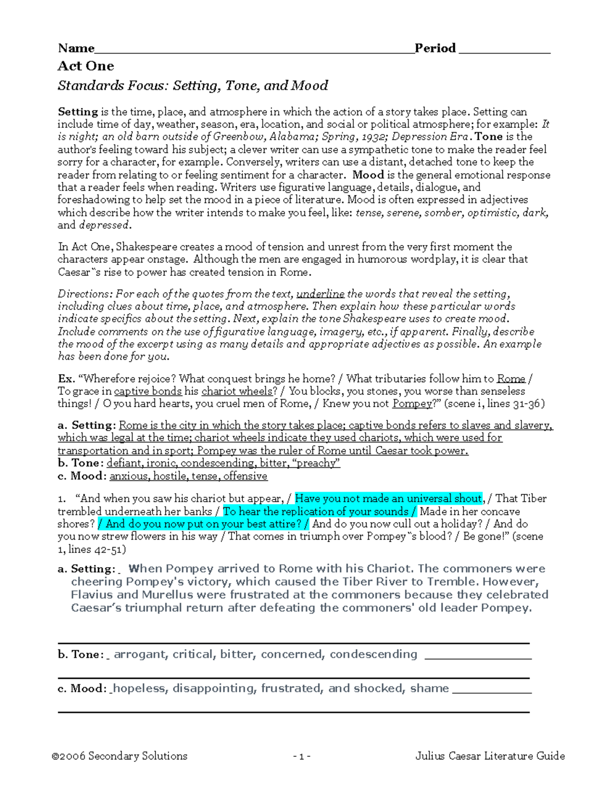JC Act 1 Standard Focus Mood - Act One Standards Focus: Setting, Tone ...