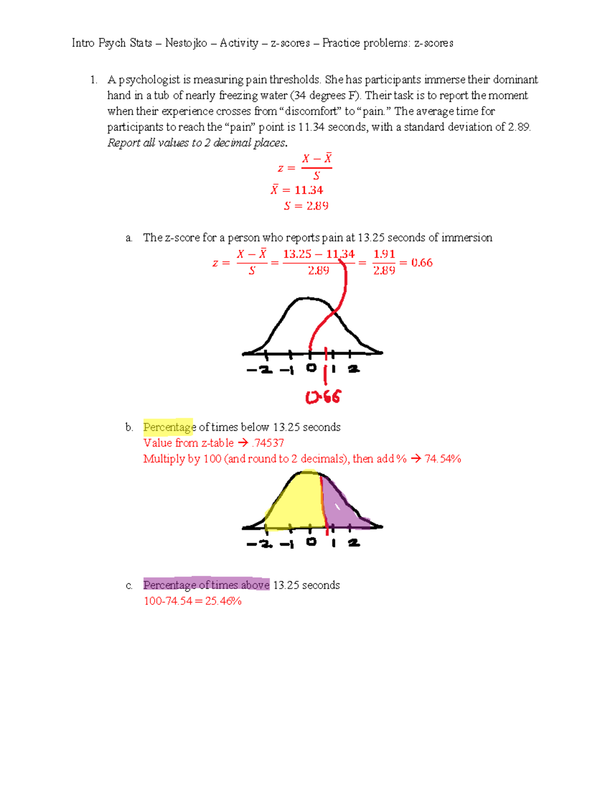 Z practice problems KEY - Intro Psych Stats – Nestojko – Activity – z ...