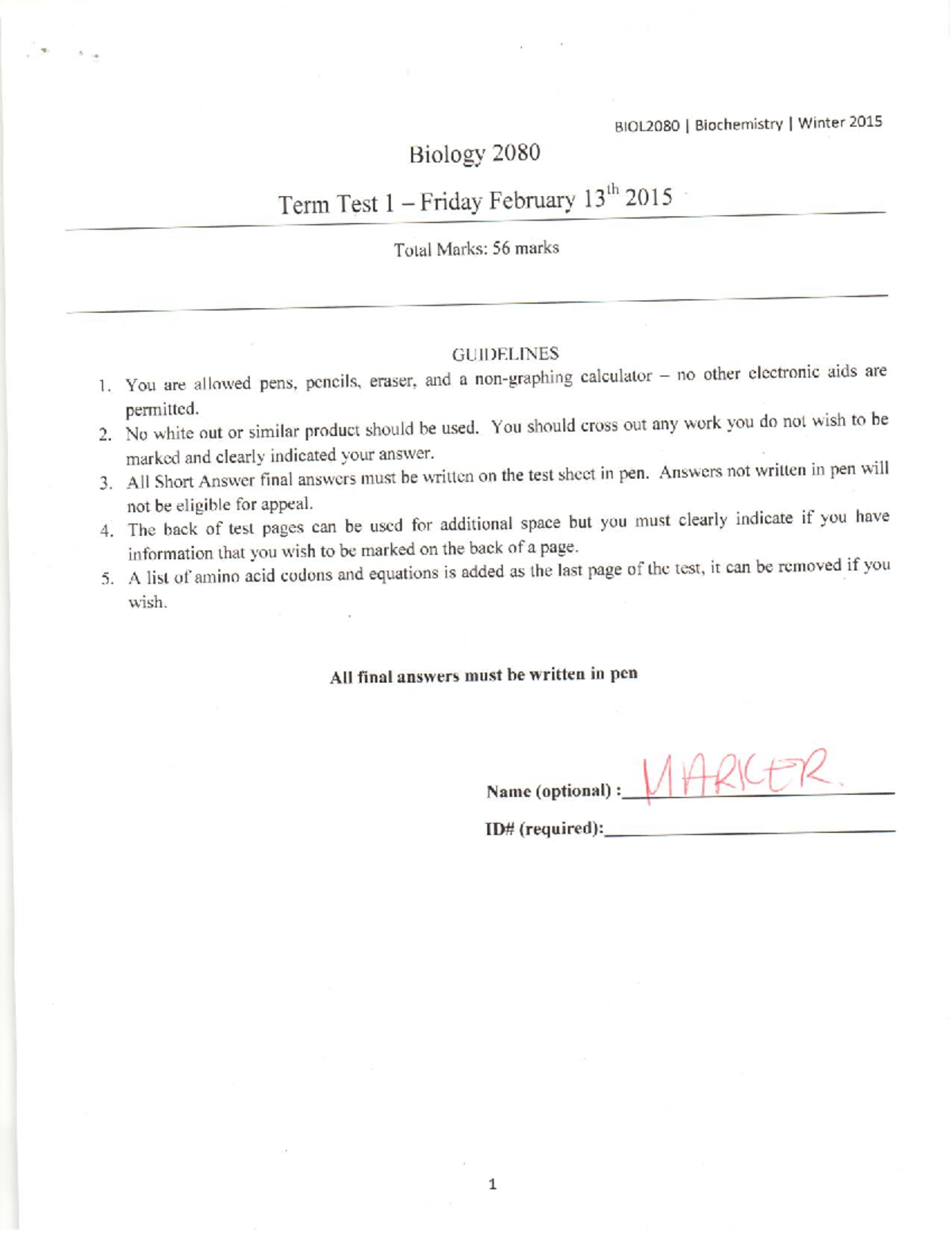 Biochemistry miderm 1 - midterm - BIOL2080U - Studocu