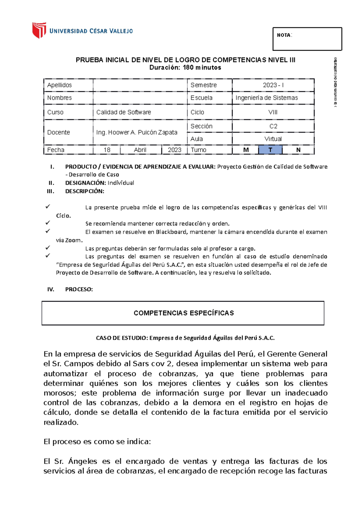 Prueba Inicial PNL III 2023-1 - PRUEBA INICIAL DE NIVEL DE LOGRO DE COMPETENCIAS NIVEL III ...