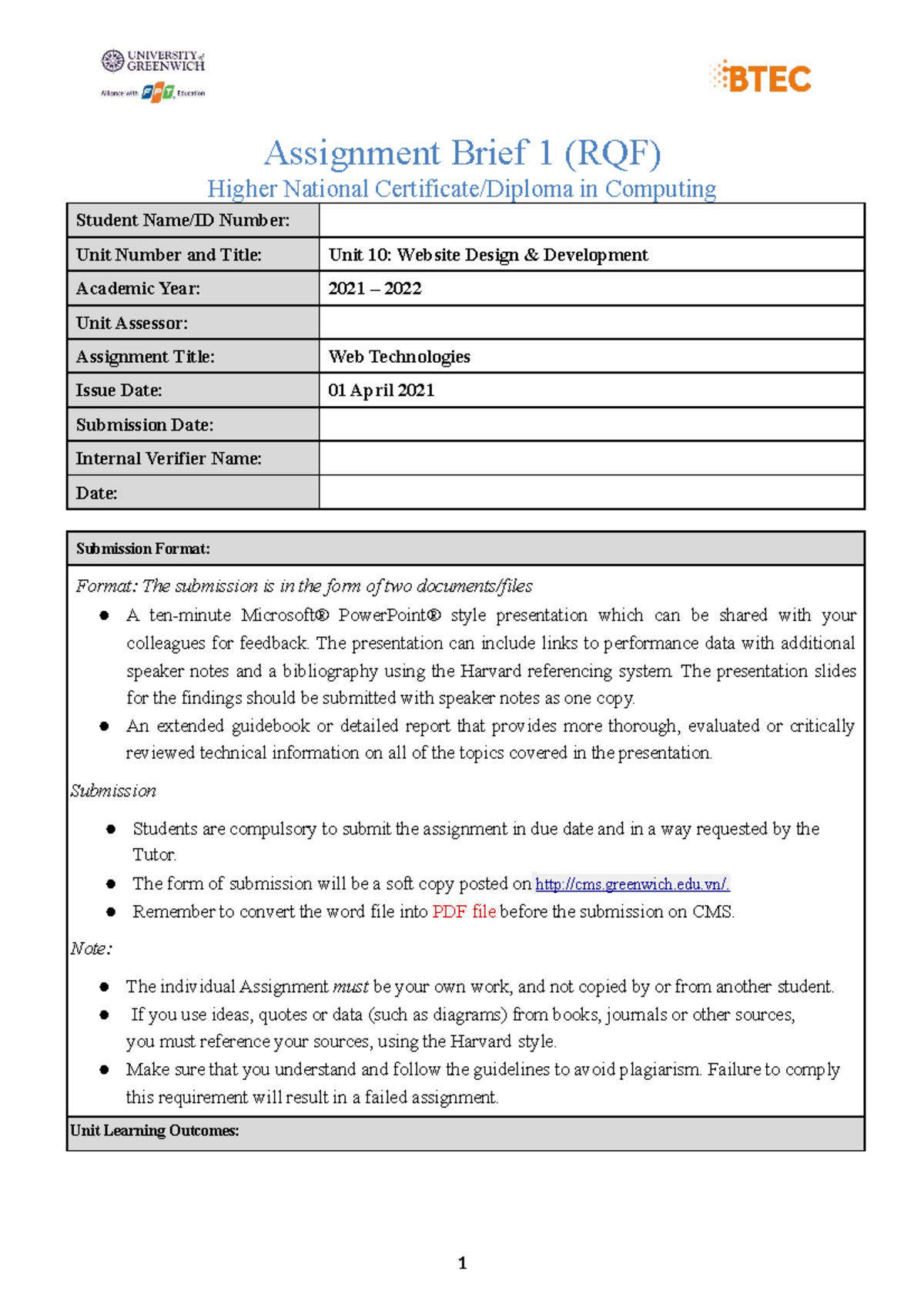 1 AS1 Pass - Website design and development Ass1 - 1 Assignment Brief 1 (RQF) Higher National ...