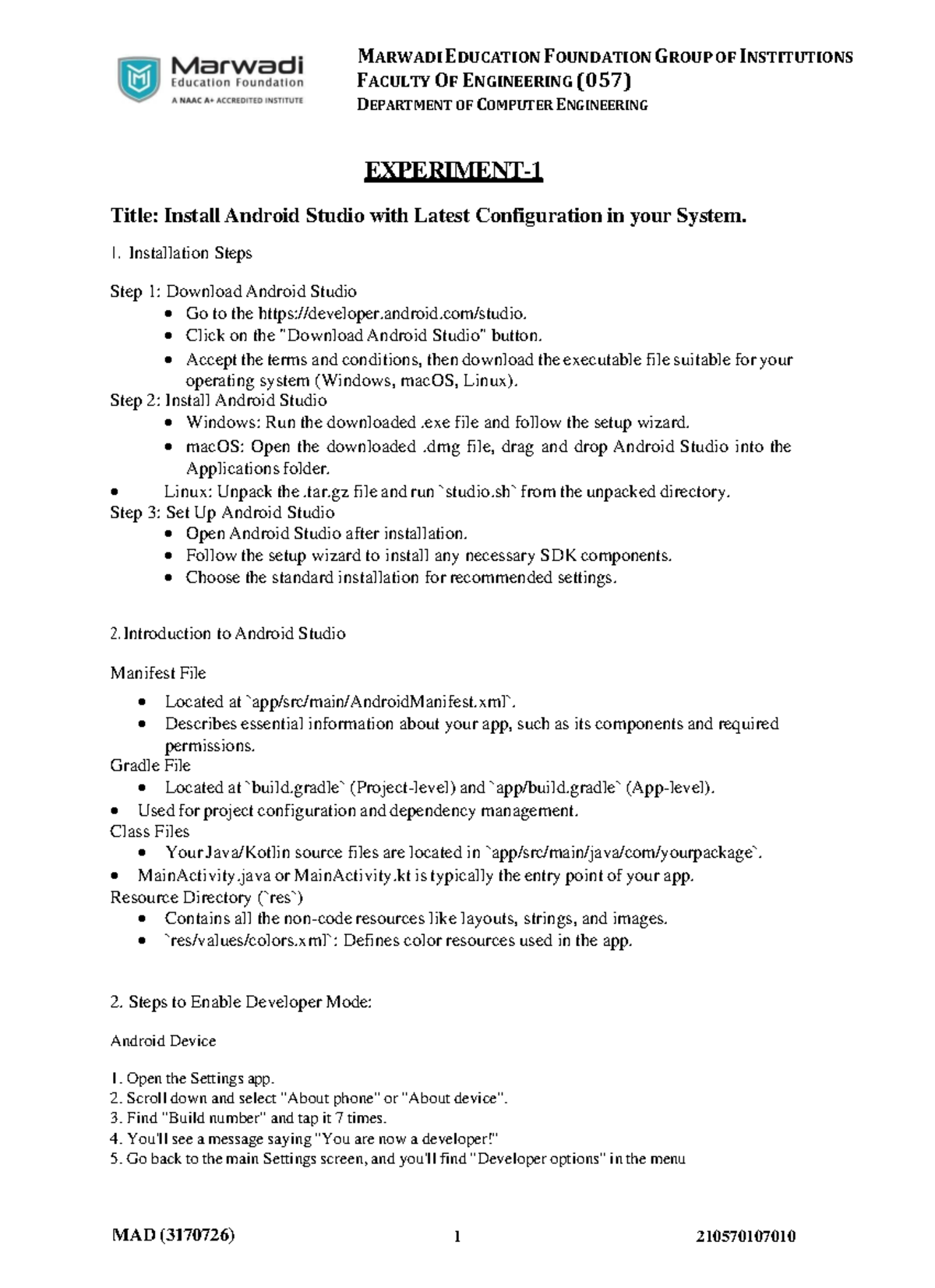 1-6 - Practical - FACULTY OF ENGINEERING (057) DEPARTMENT OF COMPUTER ENGINEERING MAD (3170726 ...