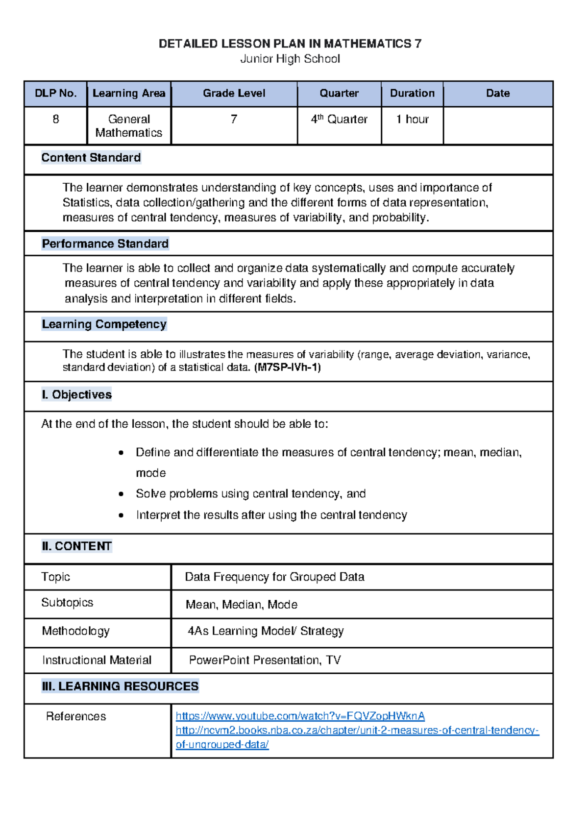 Q4 Central Tendency - Ex of DLP - DETAILED LESSON PLAN IN MATHEMATICS 7 ...