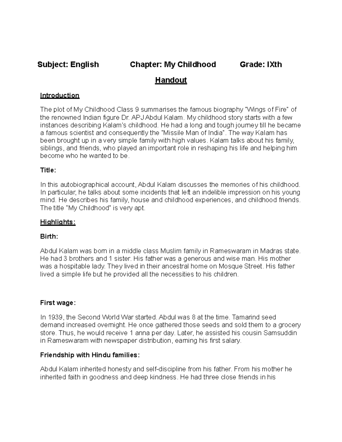 My Childhood Notes - Subject: English Chapter: My Childhood Grade: IXth ...