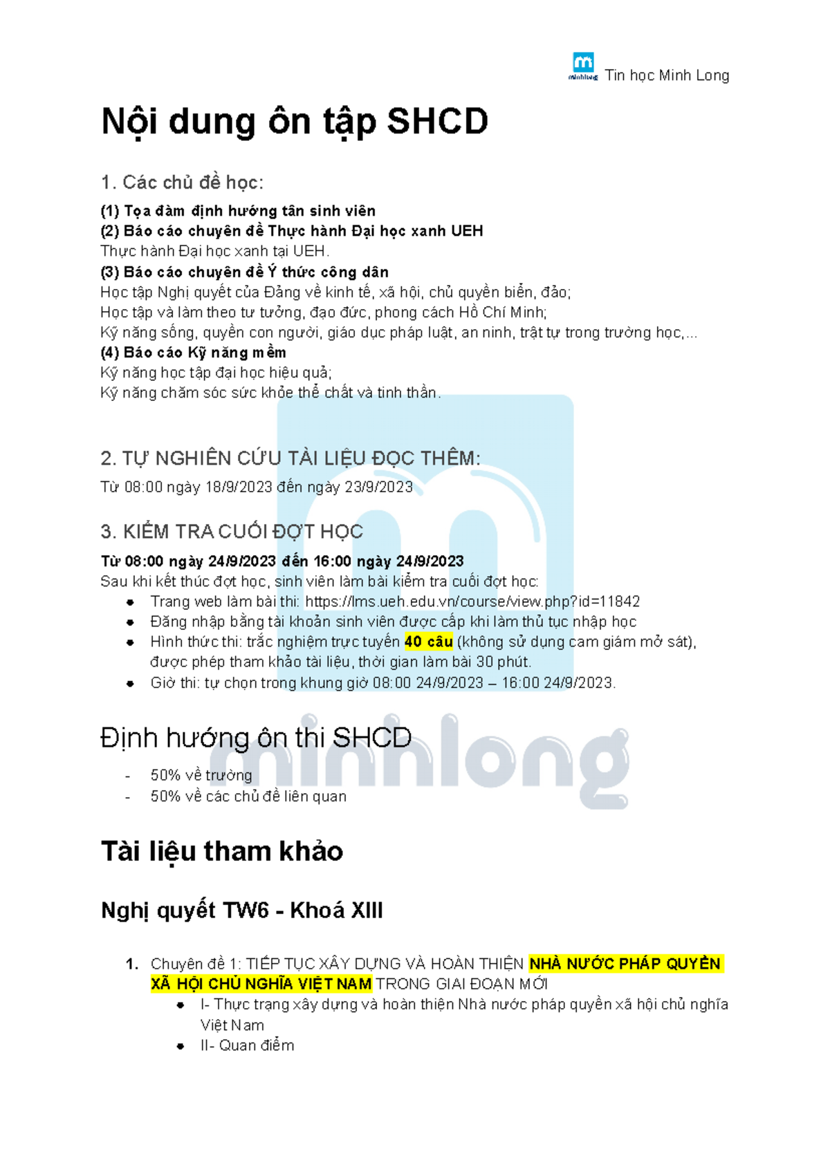 Bài giảng SHCD - SHCD 2022 - Tin học Minh Long Nội dung ôn tập SHCD 1. Các chủ đề học: (1) Tọa ...