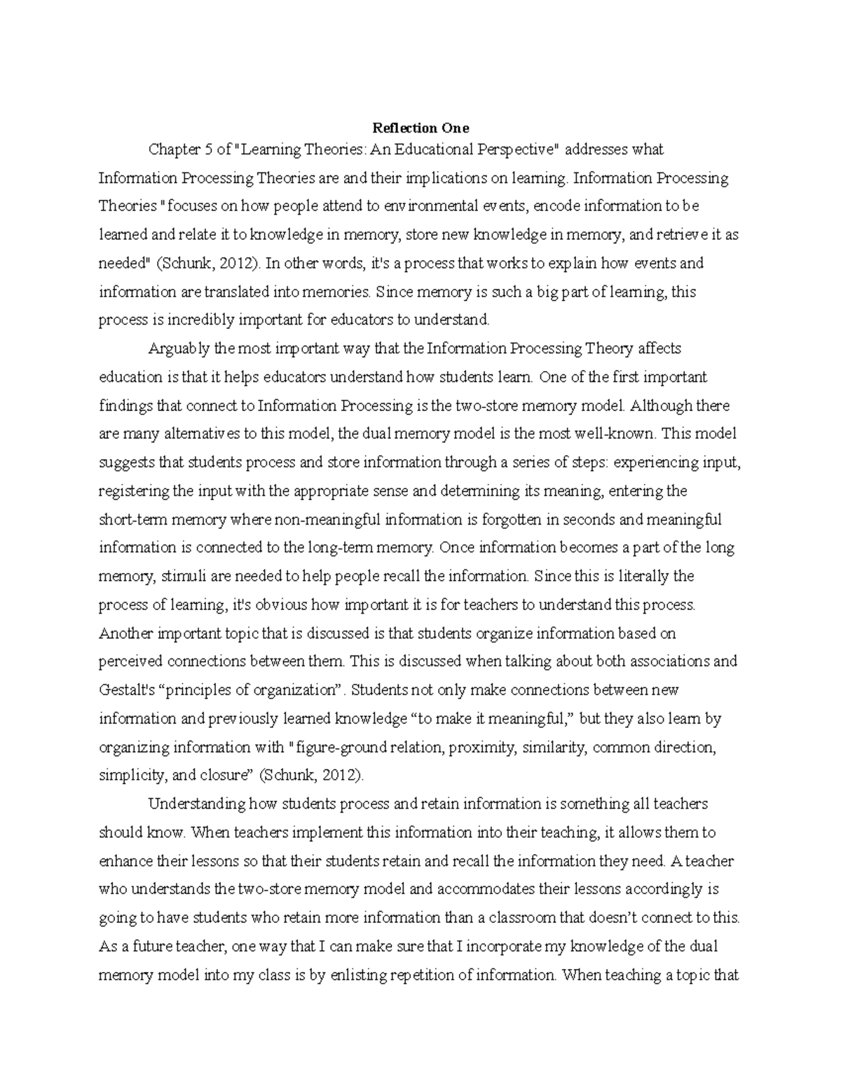 Reflection One Learning Theories Reflection One Chapter 5 Of Reflection One Learning Theories Reflection One Chapter 5 Of