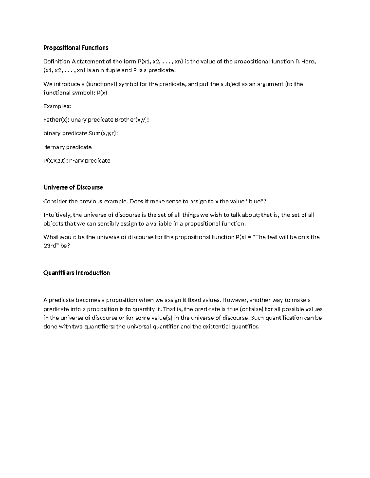 Predicate Logic and Quantifiers Summart - Propositional Functions Definition A statement of the ...