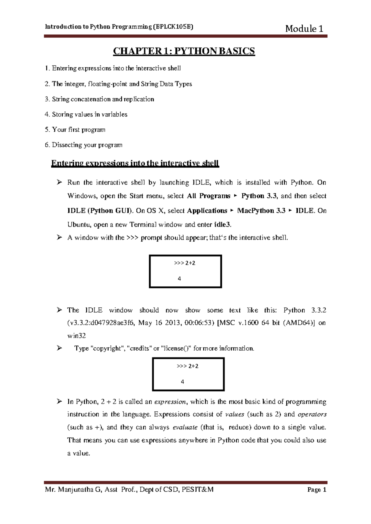 Module 1 Python Mg Mr Manjunatha G Asst Prof Dept Of Csd Pesitandm Page 1 Chapter 1 Python