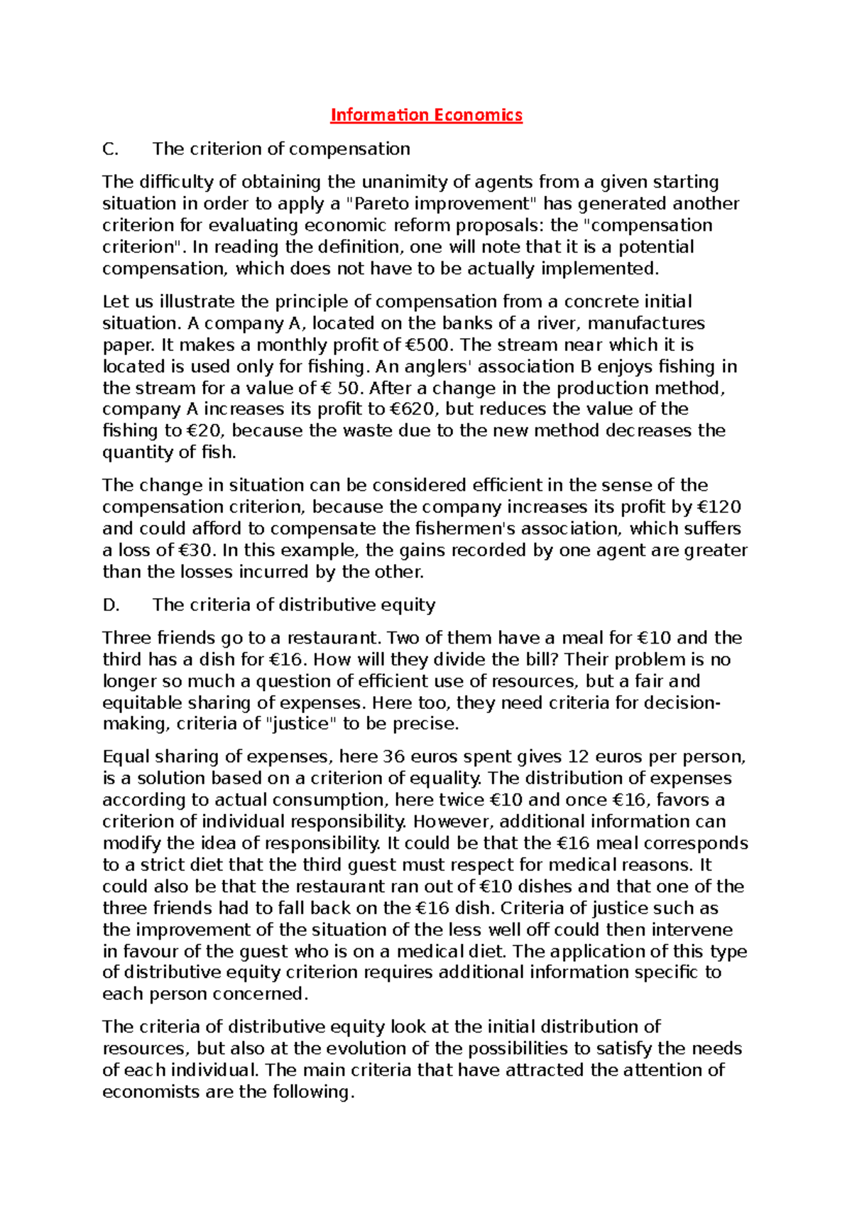 Information Economics 13 - Information Economics C. The criterion of ...