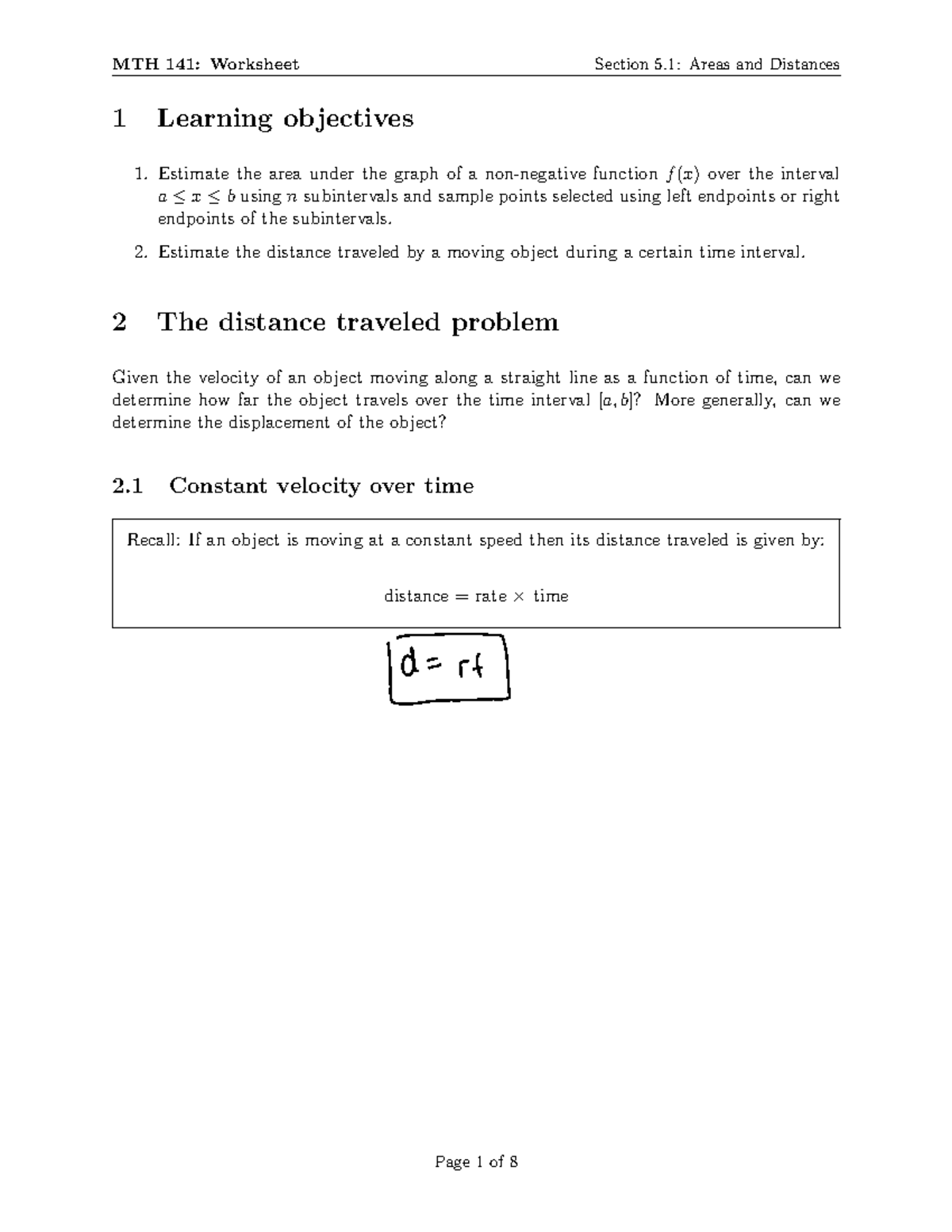 MTH 141-SECTION 5.1 - 1 Learning objectives 1. Estimate the area under ...