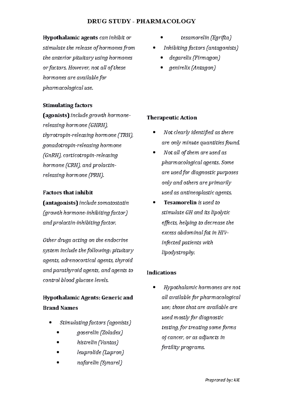Hypothalamic agents - DRUG Study - DRUG STUDY - PHARMACOLOGY ...