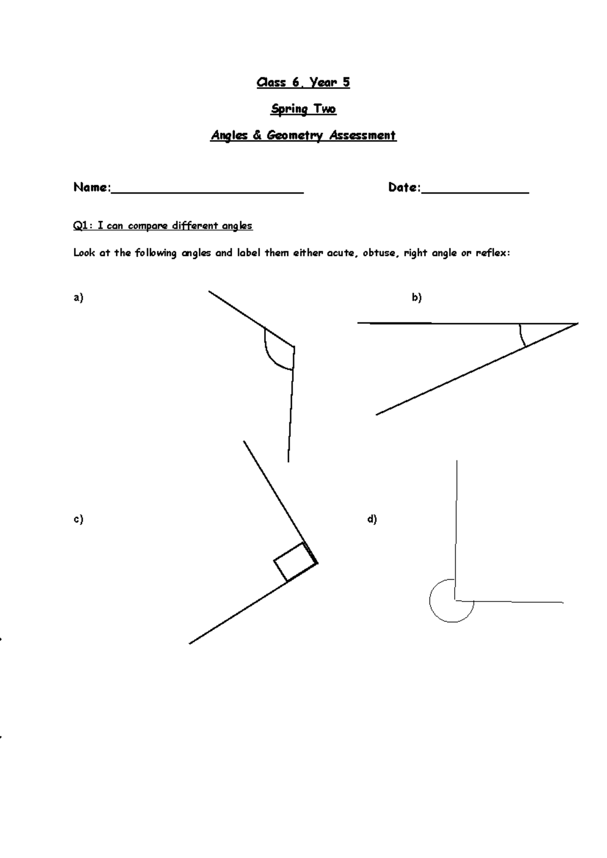 Angles Assessment Quiz March 2014 - Class 6, Year 5 Spring Two Angles ...