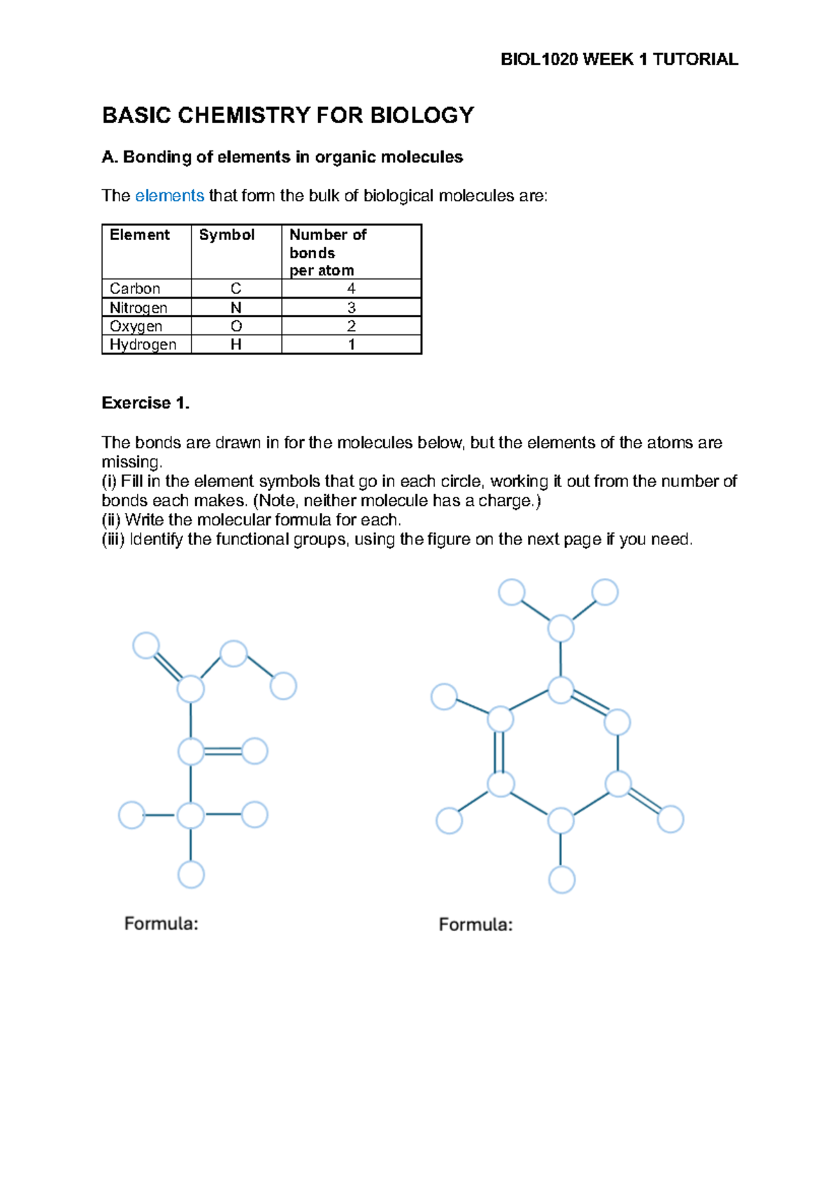 2024-BIOL1020 week1-tutorial - BASIC CHEMISTRY FOR BIOLOGY A. Bonding ...