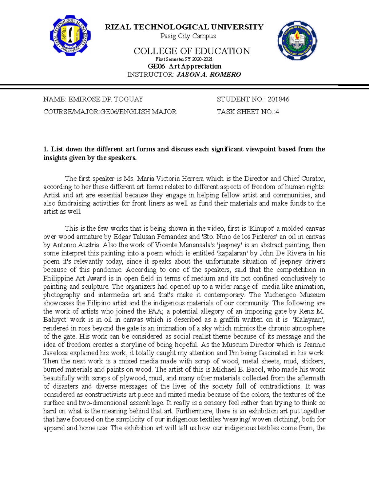 Task sheet no - Assigned task - Pasig City Campus COLLEGE OF EDUCATION ...