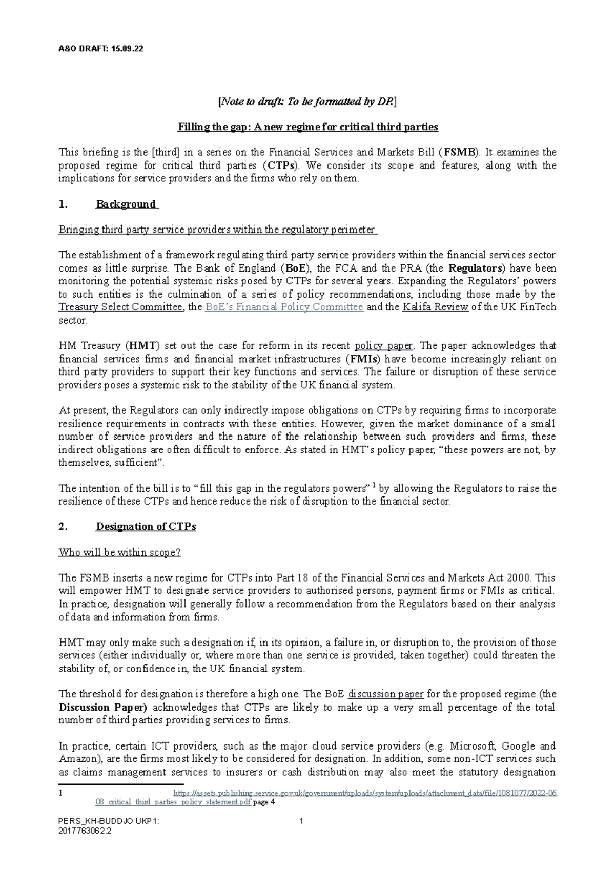 FSMB Briefing - Critical Third Parties - [Note to draft: To be ...
