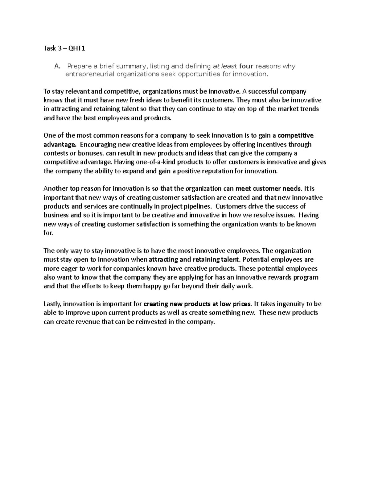 QHT1 Task 3 - Standard paper. - Task 3 – QHT A. Prepare a brief summary ...