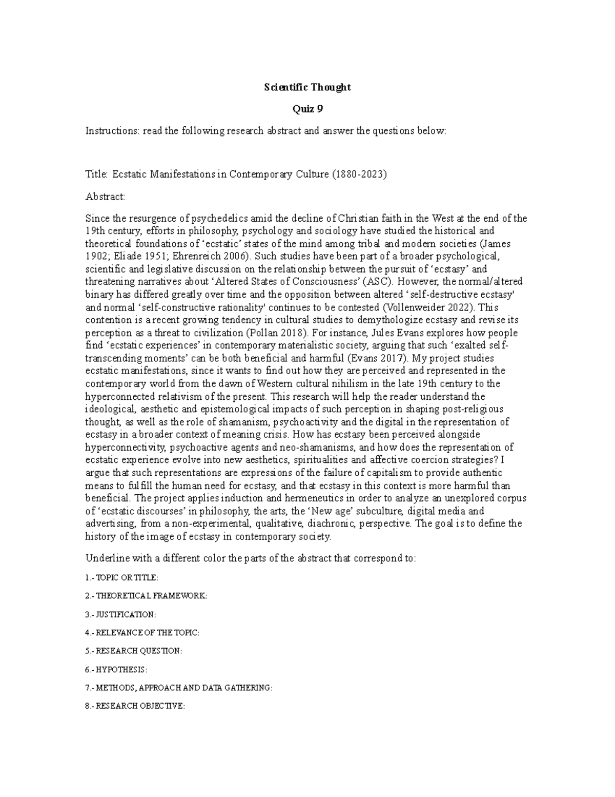 Quiz 9 scientific - Scientific Thought Quiz 9 Instructions: read the ...