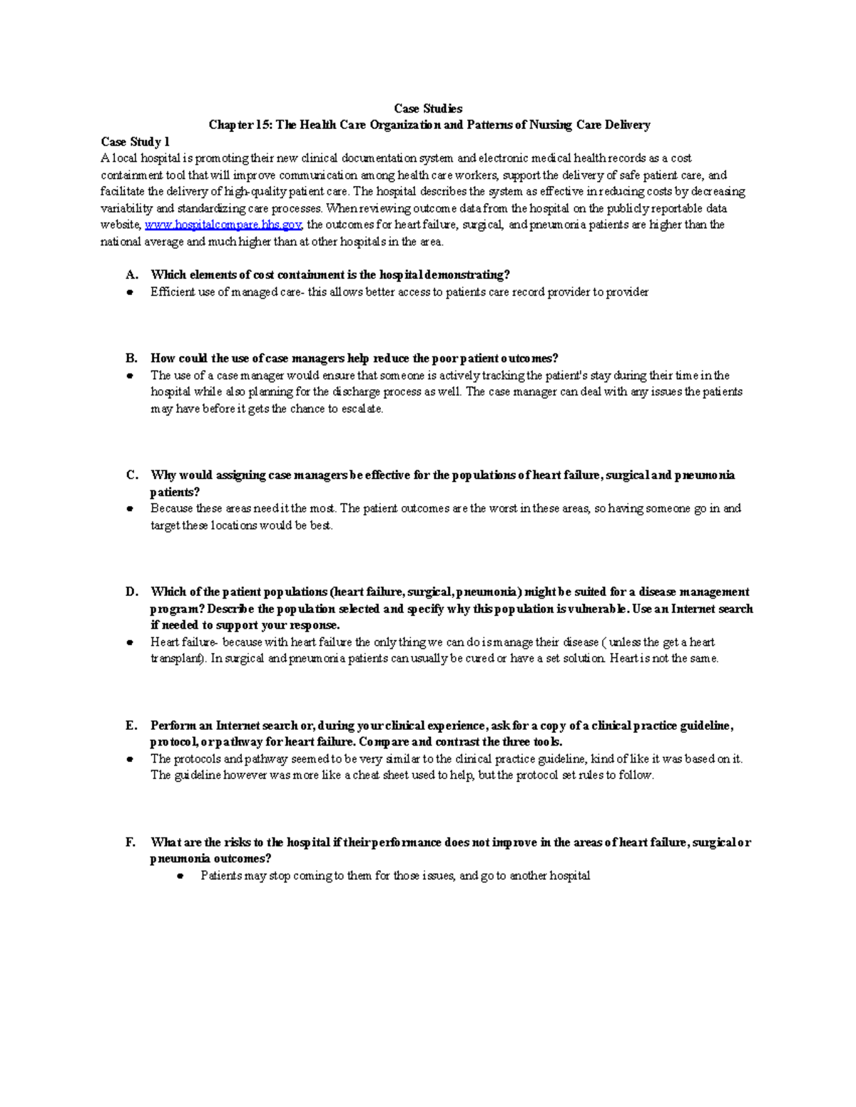 Chapter 15 Case Studies - Case Studies Chapter 15: The Health Care Organization and Patterns of ...