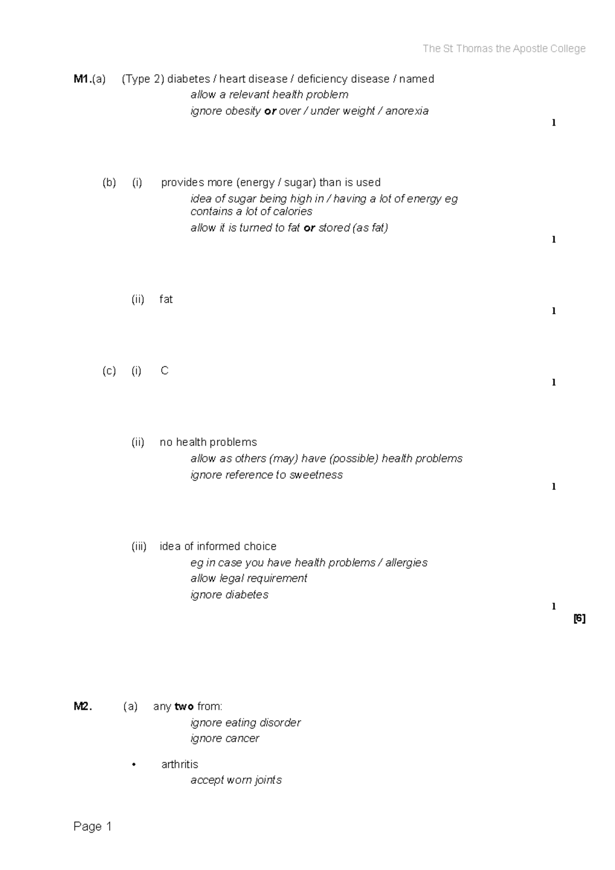 B7 non communicale diseases mark scheme - M1.(a) (Type 2) diabetes ...