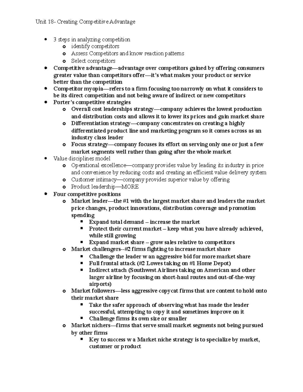 Unit 18- Creating Competitive Advantage - Studocu