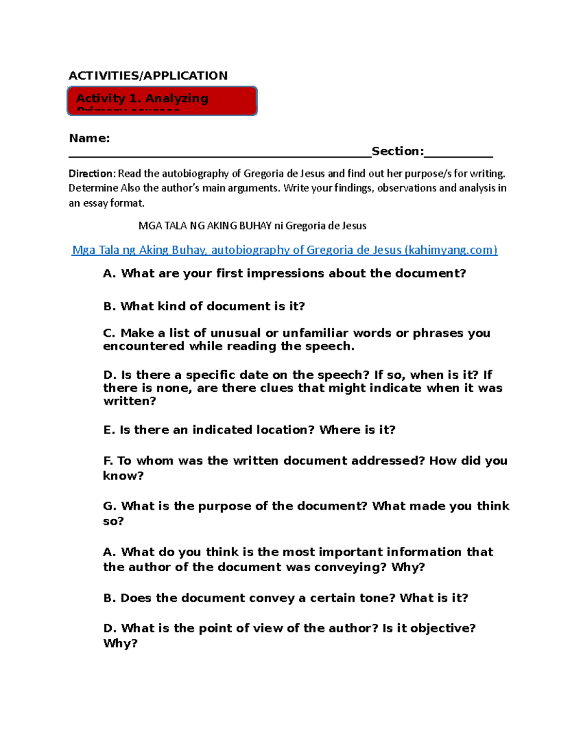 GE2- Activity - ACTIVITIES/APPLICATION Name: _________________________________________Section ...