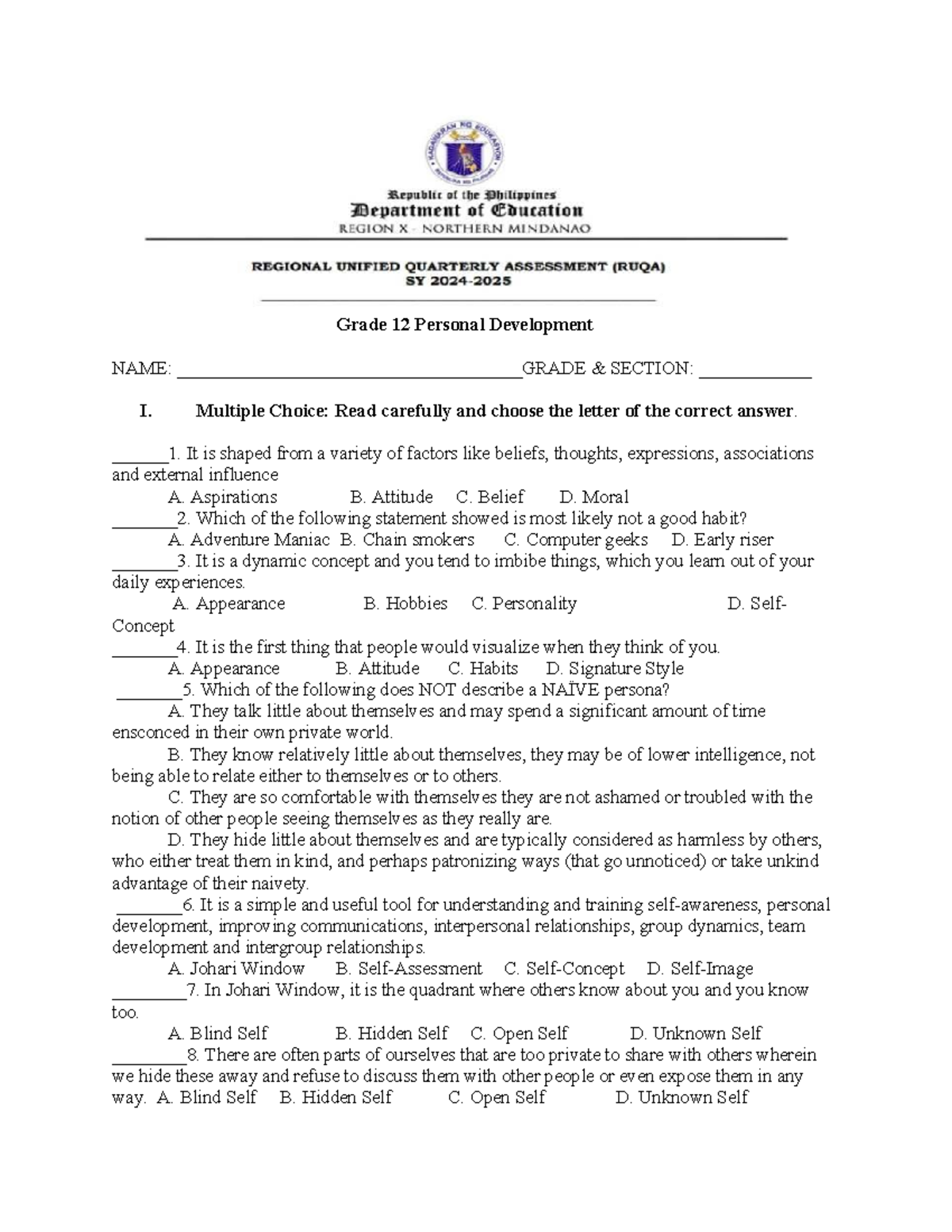 PER DEV Midterm Q1 - Currently teaching - Grade 12 Personal Development NAME: - Studocu