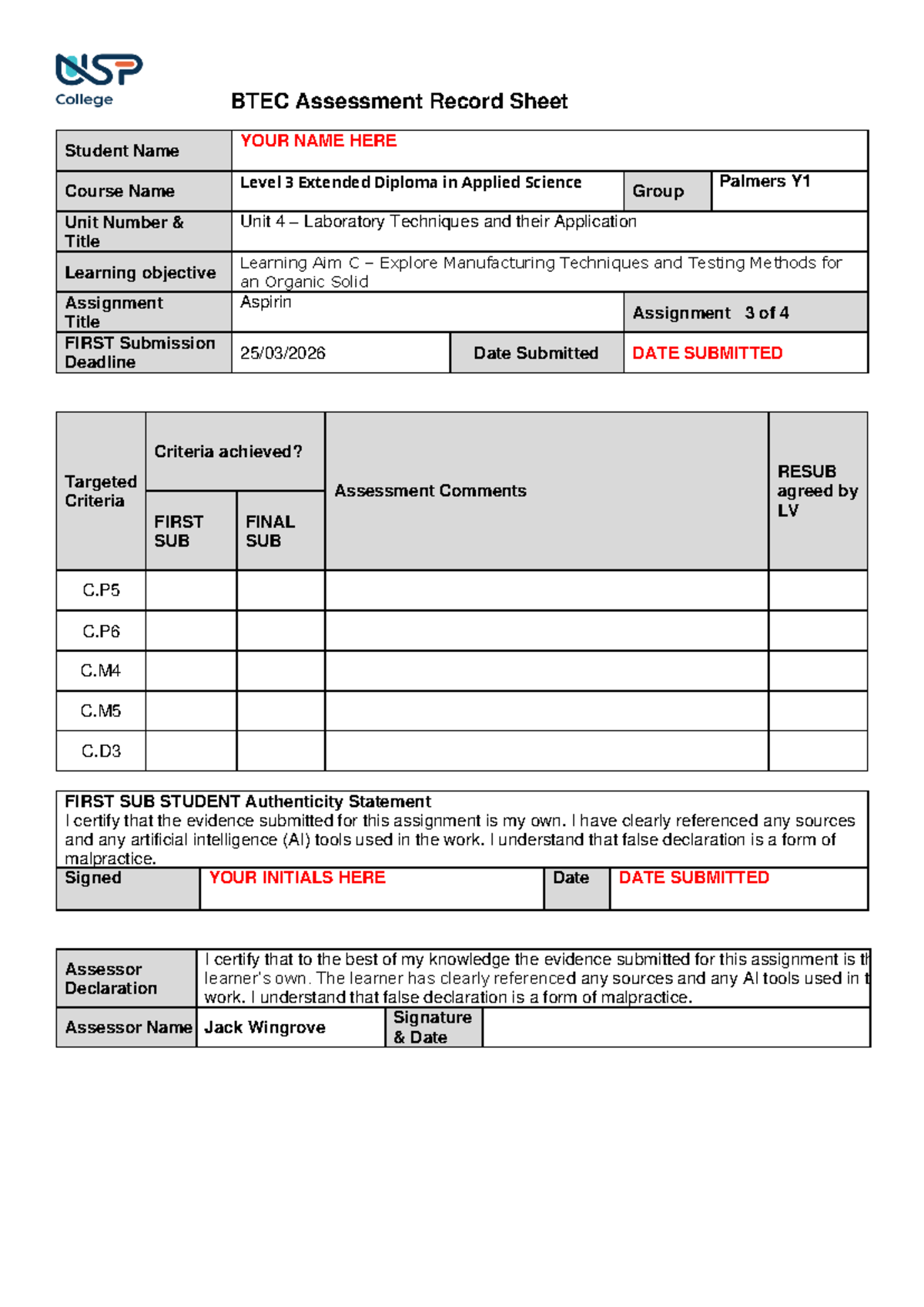 Unit 4 Aspirin- LAC Front Sheet - BTEC Assessment Record Sheet Student ...