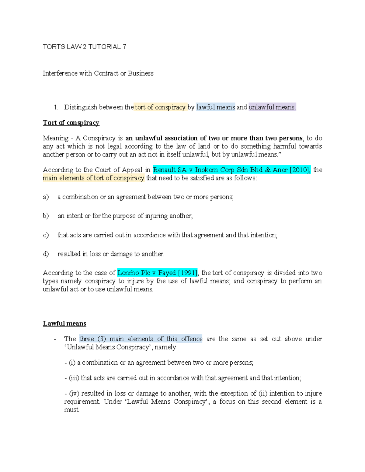 Torts LAW 2 Tutorial 7 - TORTS LAW 2 TUTORIAL 7 Interference with Contract or Business 1. - Studocu