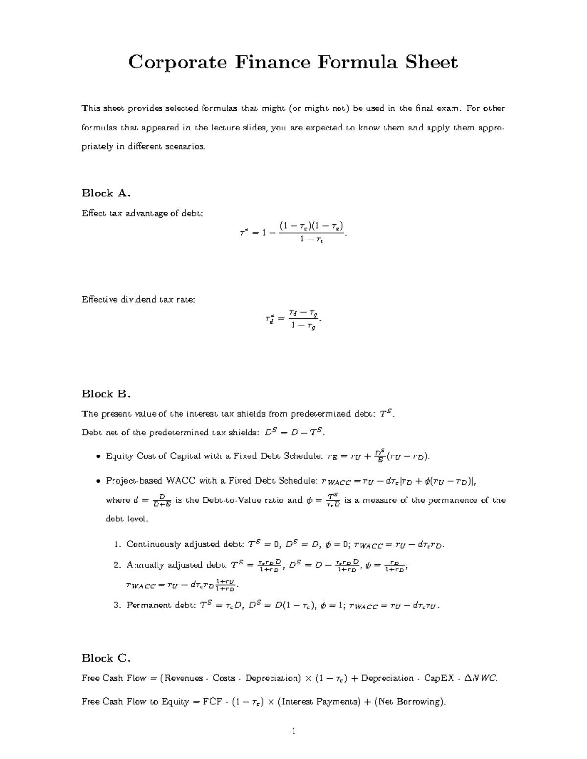 Corporate Finance Formula Sheet - For other formulas that appeared in ...