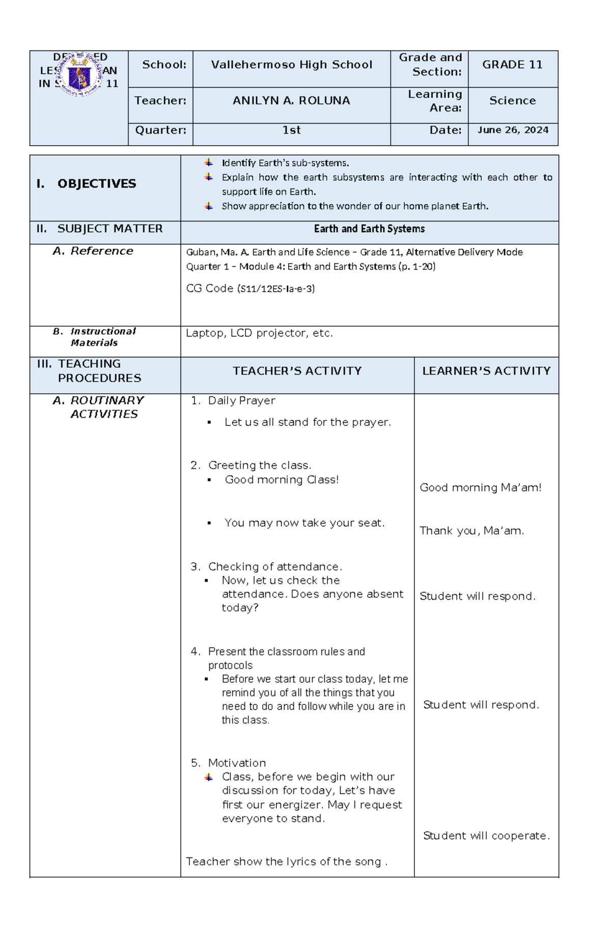 DLP Science 11 - Q1-1 - DETAILED LESSON PLAN IN SCIENCE 11 School ...