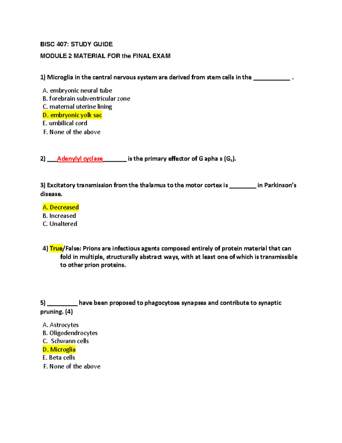 Final study guide 2021 answer key - BISC 407: STUDY GUIDE MODULE 2 ...