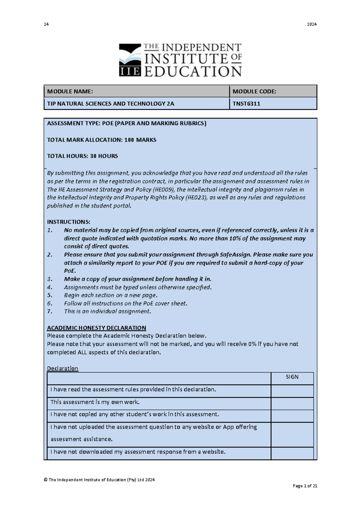 TNST6311POE - Caps doc - © The Independent Institute of Education (Pty ...