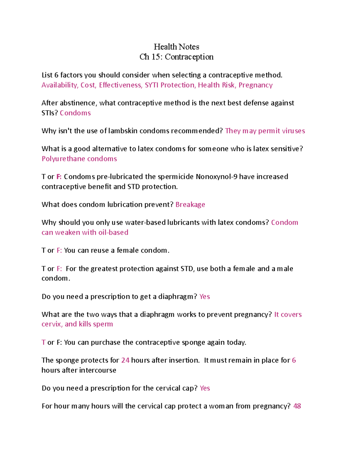 Health Ch 15: Contraception - Health Notes Ch 15: Contraception List 6 ...
