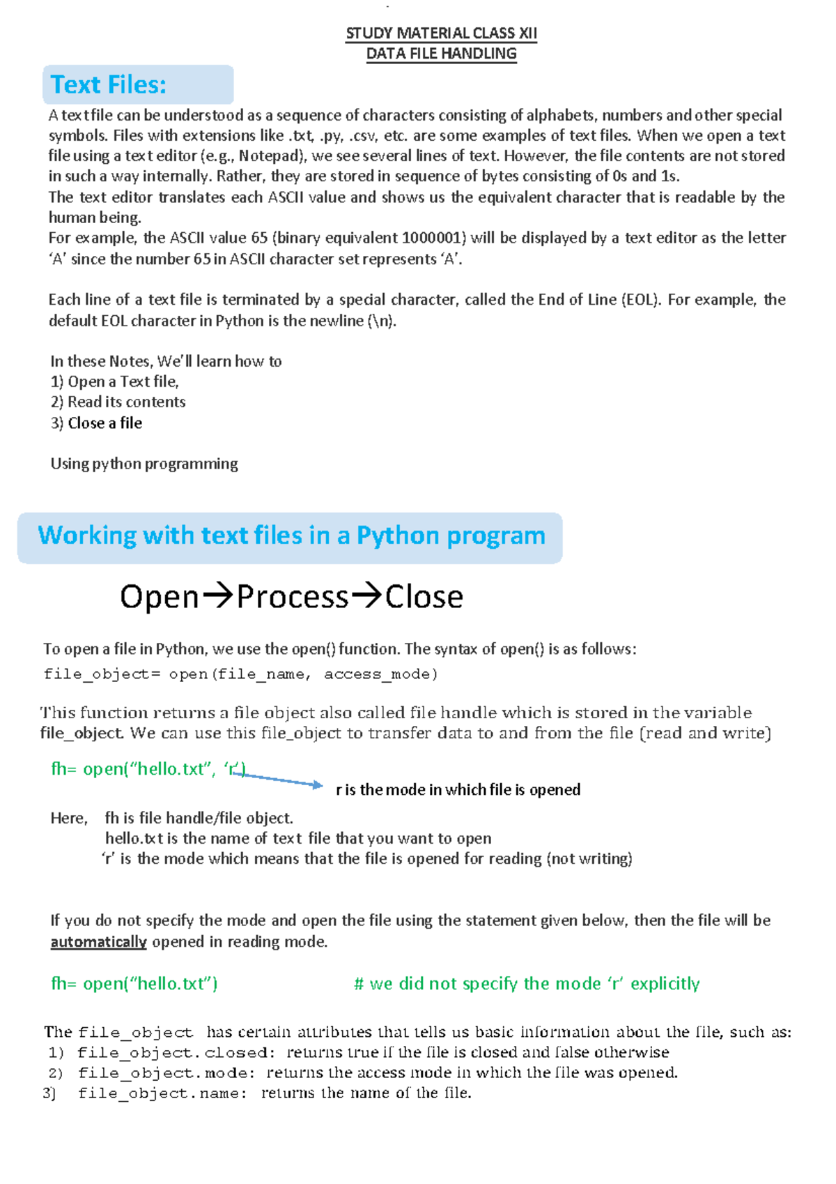 Class 12 - TEXT Files - Notes - A text file can be understood as a ...