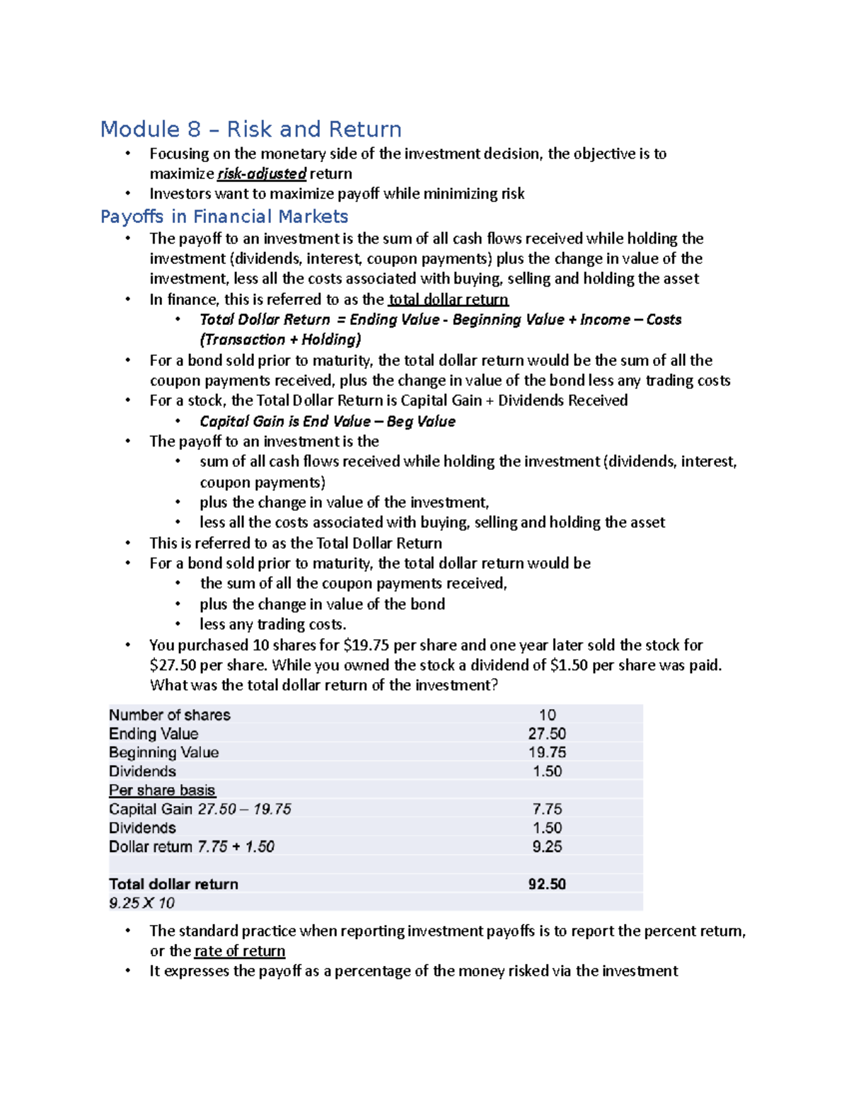 Module 8 to 11 - this is helpful i promise - Module 8 – Risk and Return ...