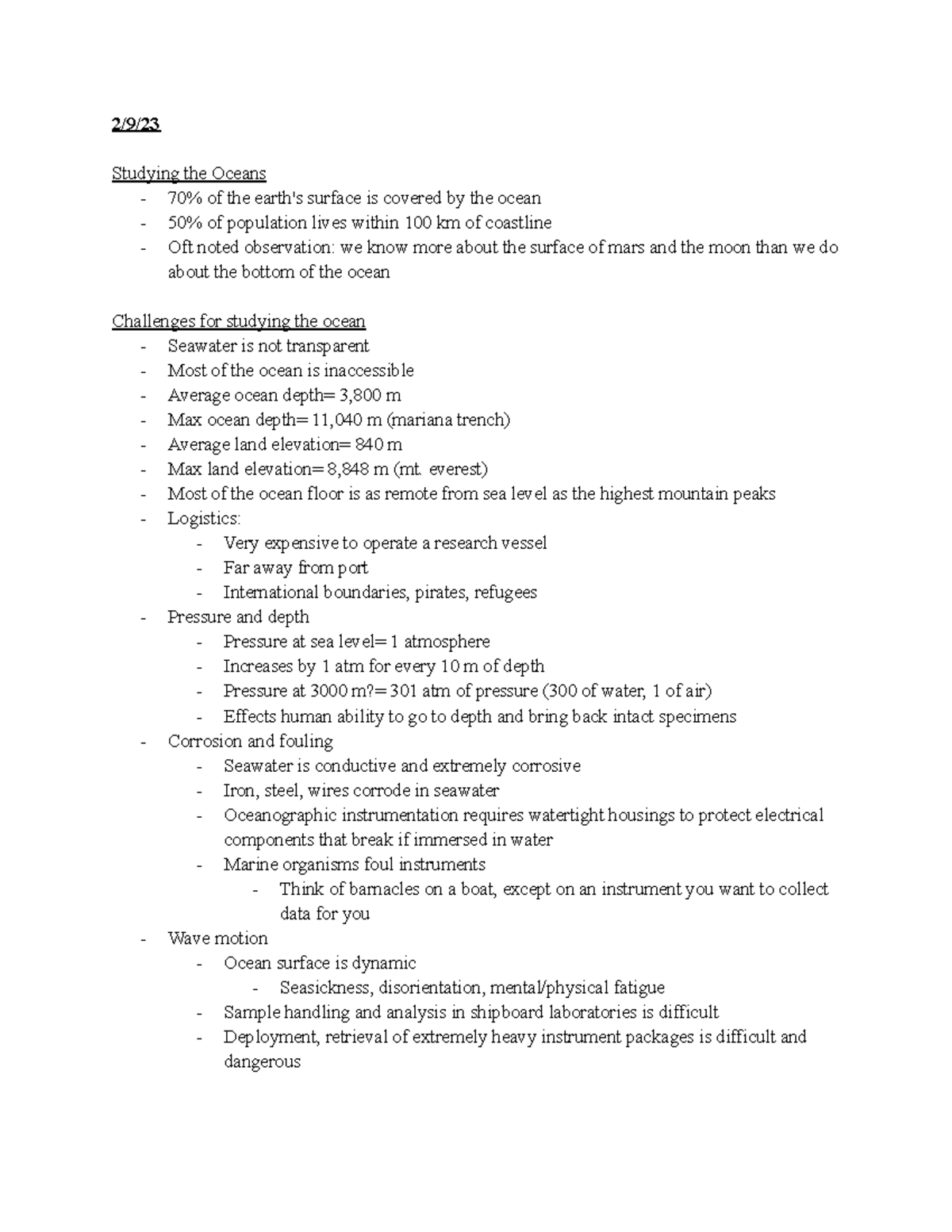 MAST382 - Lecture notes - 2/9/ Studying the Oceans - 70% of the earth's ...
