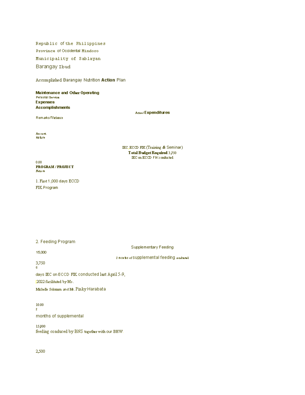 Sample Barangay Nutrition Action Plan (BNAP) - Republic of the ...