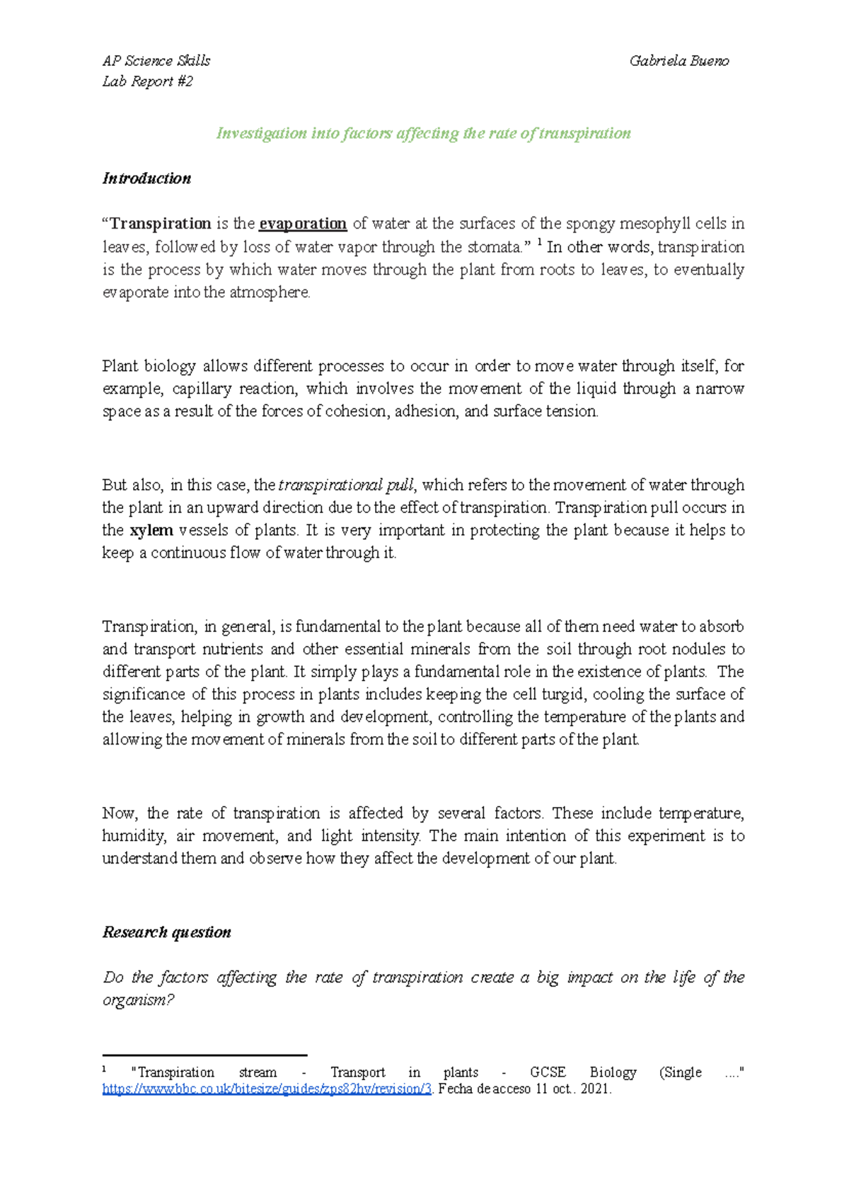 Transpiration Laboratory and Its impact on living organisms - Lab ...