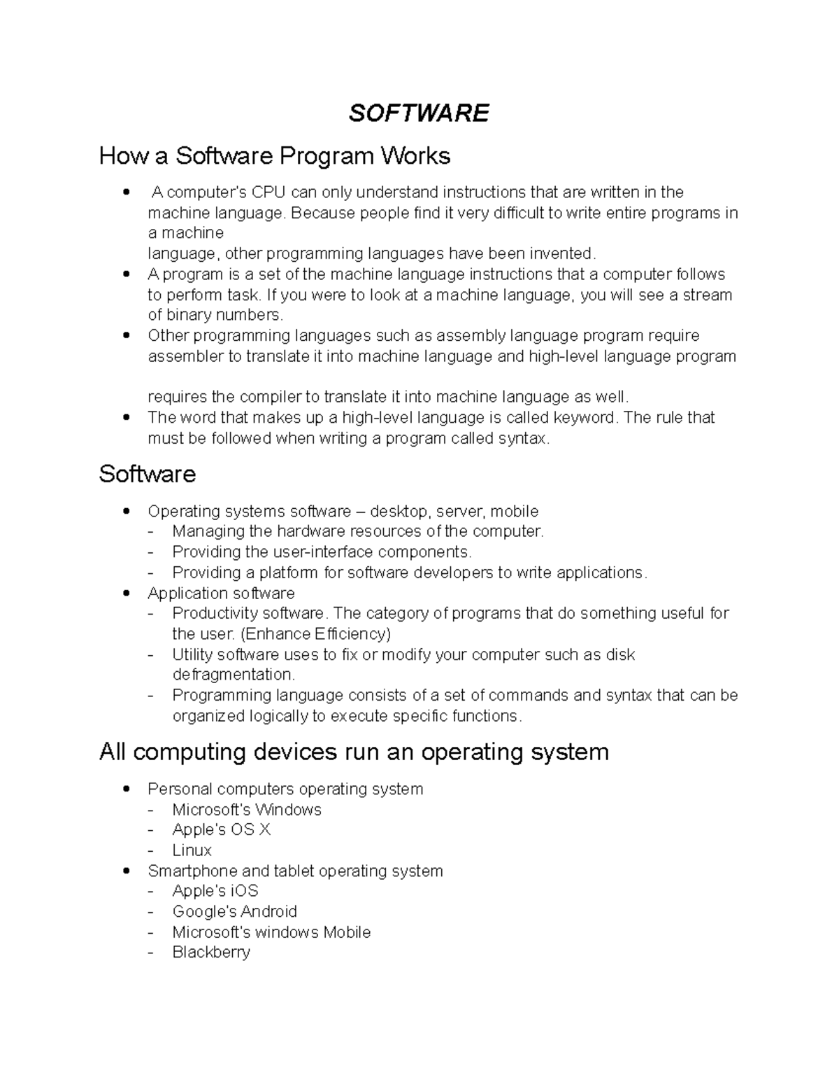 CS 3 Software DOCX 1 - SOFTWARE How a Software Program Works A computer’s CPU can only ...