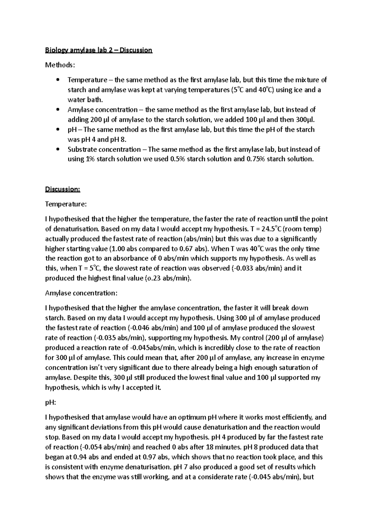 Discussion and method for amylase lab 2 - Biology amylase lab 2 ...