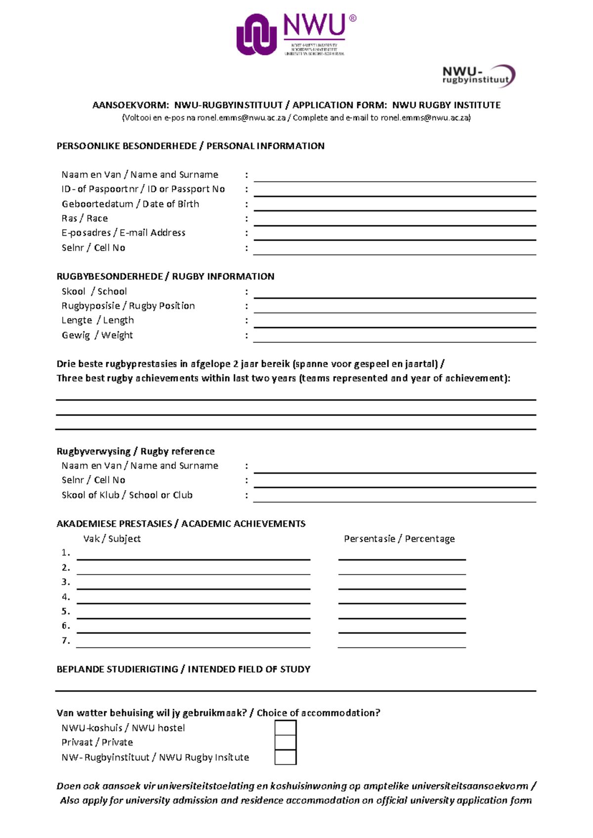 Aansoekvorm Application FORM Blaauw finaal op 16 Maart - AANSOEKVORM ...