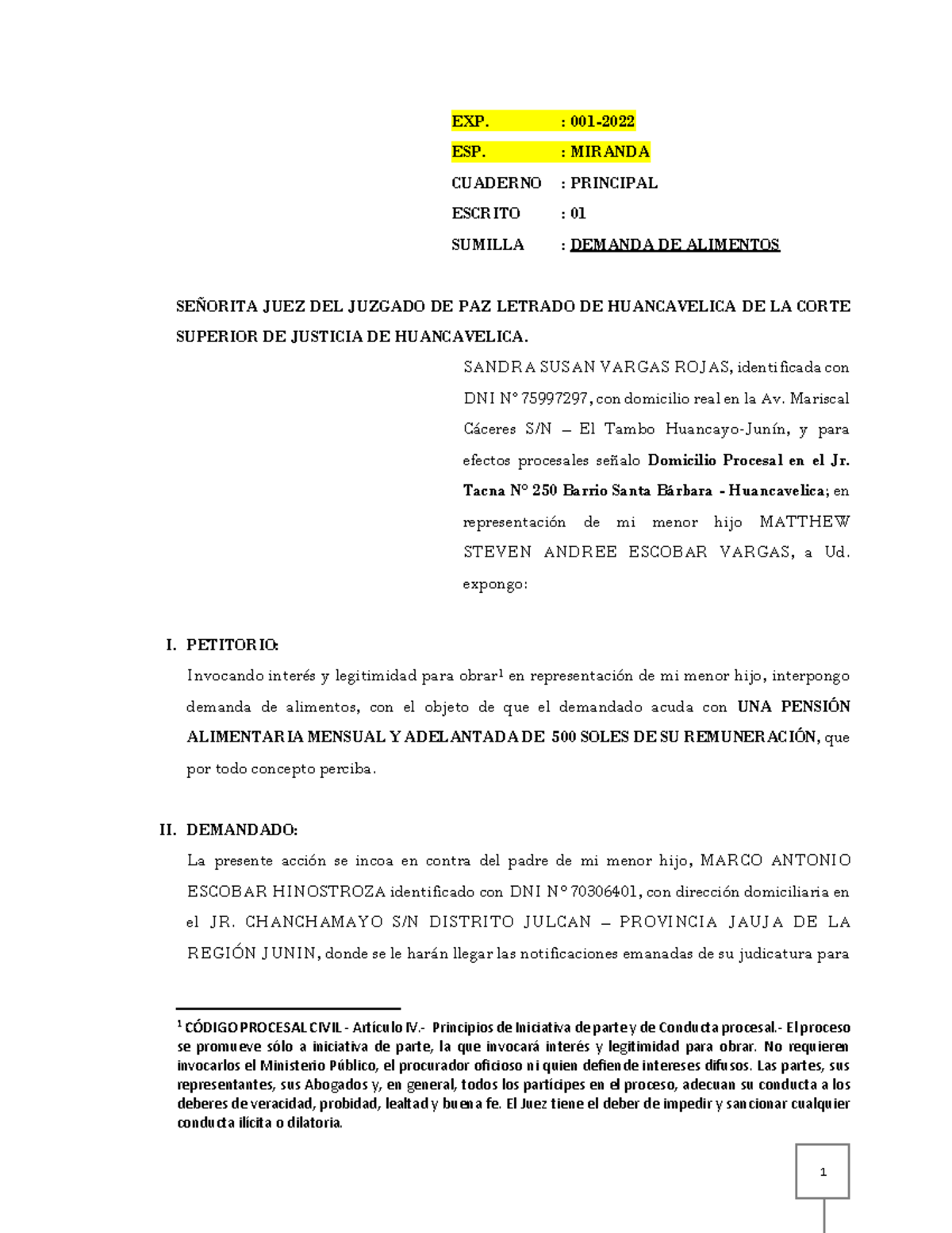 Demanda DE Alimentos B - modelo de escrito - EXP. : 001- ESP. : MIRANDA ...